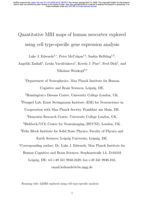 Pdf Quantitative Mri Maps Of Human Neocortex Explored Using Cell Type Specific Gene Expression