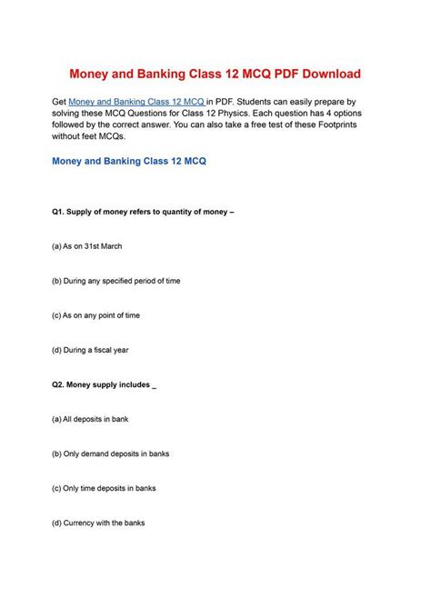 Money And Banking Class 12 Mcq Free Pdf Download