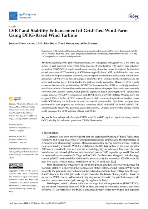 PDF LVRT And Stability Enhancement Of Grid Tied Wind Farm Using DFIG Based Wind Turbine