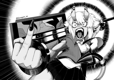 Safebooru Absurdres Gachiakuta Highres Horns Middle Finger Monochrome