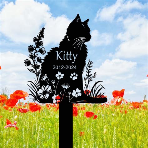 Personalized Metal Cat Grave Marker Cat Memorial Stake With Flowers Custom Cat Cemetery Stake