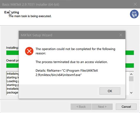 Unable To Install Process Terminated Due To Access Violation Windows Issue MiKTeX