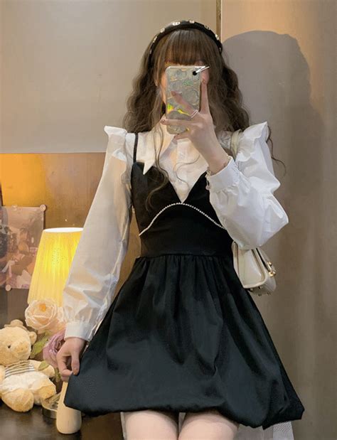 봄원피스 하객룩 뷔스티에 하트 버블 미니원피스 빅카라 프릴 화이트셔츠 투피스 세트 블랙원피스 하객원피스 A라인 스커트 러블리 대 대 데이트룩