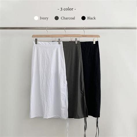피치모드 데일리뒷밴딩 나일론 리본 옆트임 롱 스커트 3color 휴양지여름롱스커트