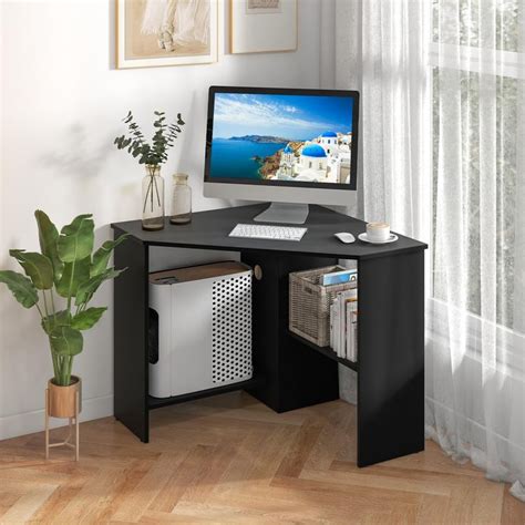 IFANNY Corner Computer Desk 90 Degrees Triangle Desk W Shelves CPU Stand Compact Vanity