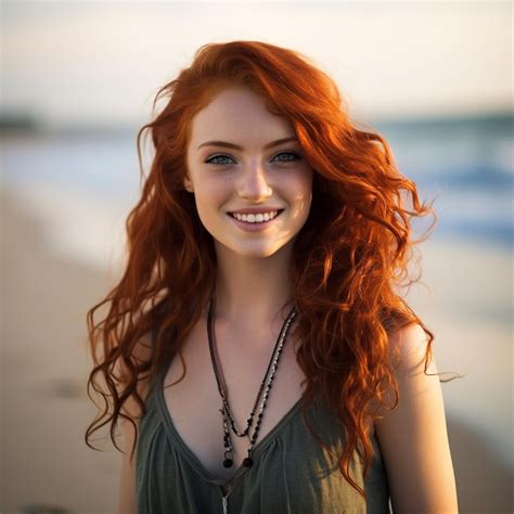 Premium Photo Illustration Of A Beautiful Smiling Redhead At The Beach