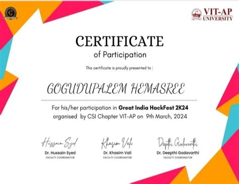 Hemasree Gogudupalem On Linkedin Hackfest Vitap Innovation Technology Teamwork Certification