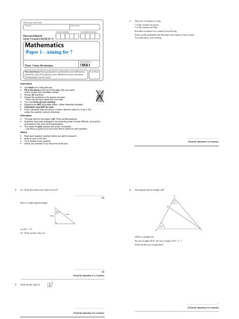 1a Paper 1 Non Calculator Aiming For Grade 7 Question Paper Pdf Area Mathematics
