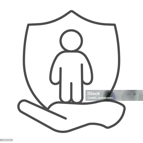 육아 및 안전 상징 얇은 선 아이콘 가족 변호사 개념 벡터 그래픽입니다 방패에 아이와 손 흰색 배경에 인권 기호 모바일 또는 웹 디자인에 대한 개요 스타일 아이콘 0명에