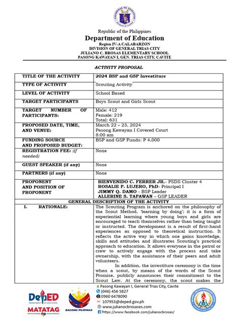 Activity Proposaljcbes Investiture Pdf Scouting Youth Movements