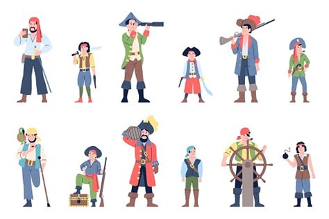 해적 캐릭터 해적 의상을 입은 남자와 소년 공연 또는 거리 연극 배우 바다 도둑은 모자를 쓰고 망원경을 걸고 최근 벡터 세트를