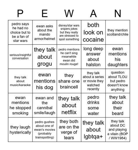 Pedro And Ewans Bingo Actor On Actor Bingo Card