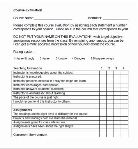 Course Evaluation Template Word Peterainsworth