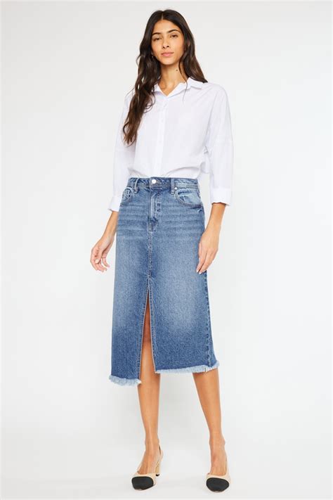 비대칭 미디 데님 스커트 인디고