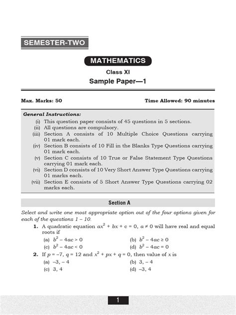 mathematics xi semester two sample paper 1 pdf quadratic equation