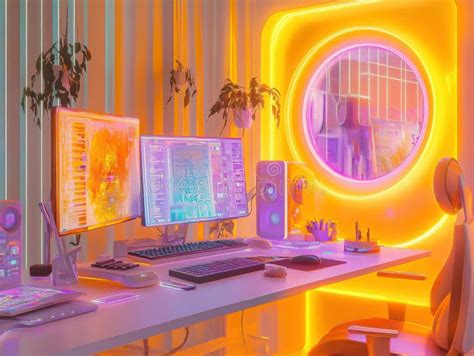 A Modern Gaming Or Multimedia Setup Showcases A Desk With Multiple Screens Keyboard Mouse And