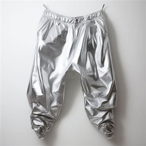 Shiny Silver Pants Hanging Against White Wall Stock Illustration