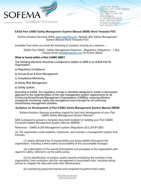 Easa Part Camo Safety Management System Manual Msm Word Template Foc Pdf Safety Business