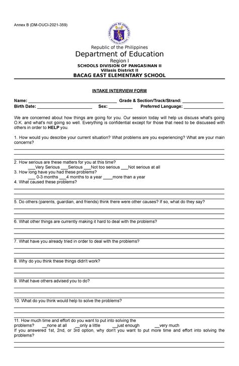 Intake Interview Form For Your References Annex B Dm Ouci 2021 359 Republic Of The
