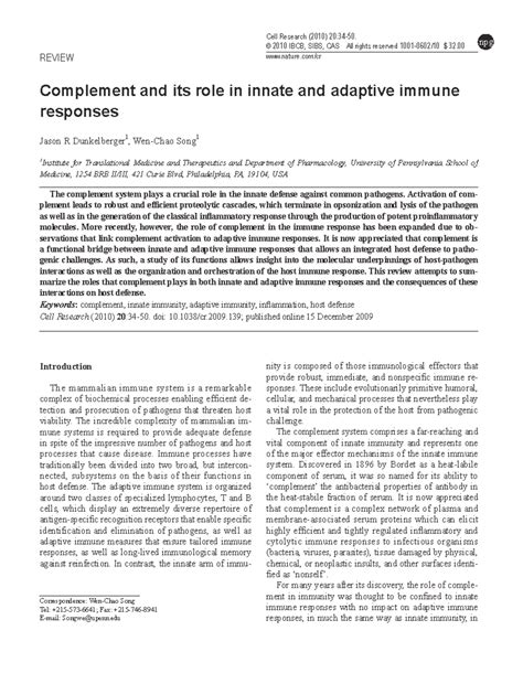 Complement System Stuff Complement In Host Immunity 34 Cell Research Vol 20 No 1 January