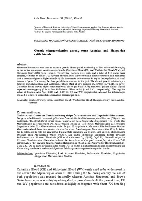 Pdf Genetic Characterization Among Some Austrian And Hungarian Cattle Breeds