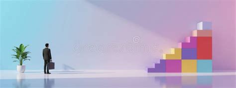 Businessman Standing With A Plant Looking At Colorful Steps Against A