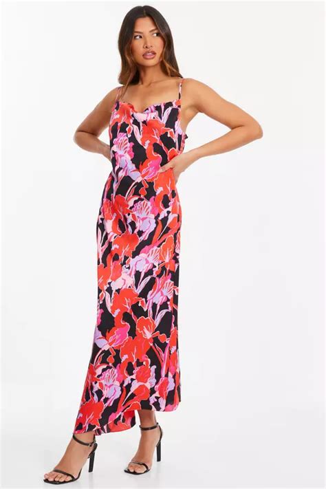Red Floral Satin Midaxi Dress Quiz Clothing