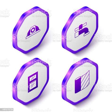 아이소 메트릭 작업자 안전 헬멧 수도꼭지 방의 창 및 배경 화면 아이콘을 설정합니다 보라색 육각형 버튼 벡터 3차원 형태에 대한 스톡 벡터 아트 및 기타 이미지 Istock