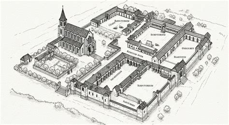 A Detailed Architectural Illustration Of A Medieval Monastery Complex