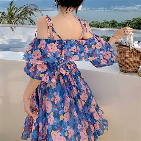컬러여신 플라워 여름 어깨끈 오프숄더 나시 쉬폰 원피스 플레어 벚꽃놀이 여름 휴양지 바캉스 해외여행원피스