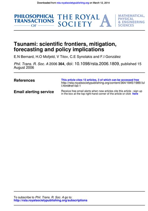 Pdf Tsunami Scientific Frontiers Mitigation Forecasting And Policy