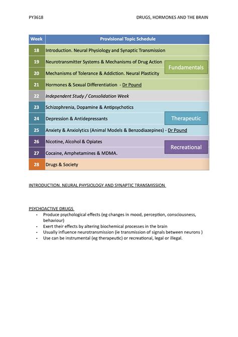 Lecture ONE INTRODUCTION NEURAL PHYSIOLOGY AND SYNAPTIC TRANSMISSION PSYCHOACTIVE DRUGS