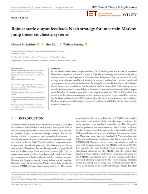 Pdf Robust Static Output Feedback Nash Strategy For Uncertain Markov