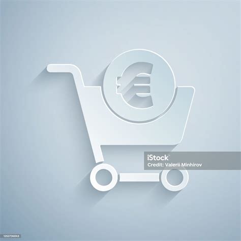종이 는 회색 배경에 격리 된 쇼핑 카트와 유로 기호 아이콘을 잘라 온라인 구매 개념 배달 서비스 장바구니 종이 아트 스타일