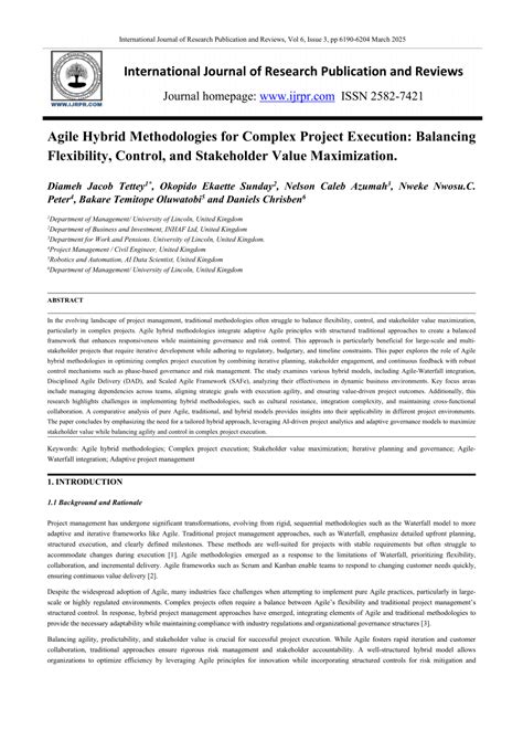 Pdf Agile Hybrid Methodologies For Complex Project Execution Balancing Flexibility Control