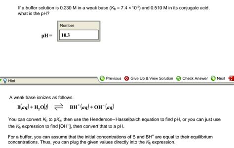 solved if a buffer solution is 0 230 m in a weak base kb