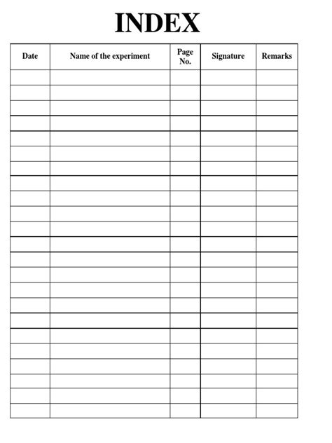Index Date Name Of The Experiment No Signature Remarks Pdf