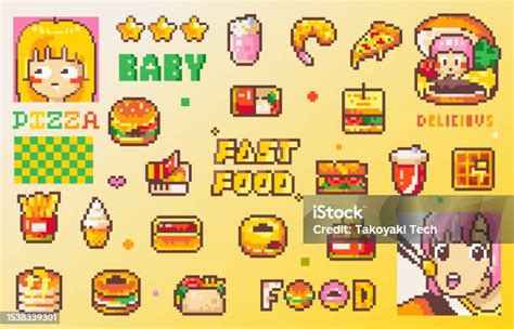 픽셀 아트 패스트 푸드 스티커 세트입니다 피자 햄버거 감자튀김 아이스크림 맛있는 아침 식사 샌드위치 음료 아이콘 스티커 이모티콘 아바타에 대한 벡터 그래픽과 같은 8비트