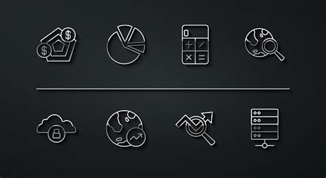 라인 재무 성장 클라우드 컴퓨팅 잠금 검색 지구 데이터 분석 파이 차트 인포 그래픽 서버 및 계산기 아이콘을 설정합니다 벡터