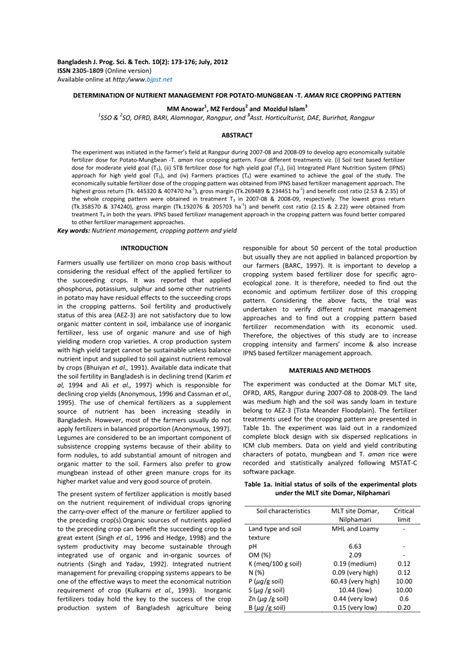 Pdf Determination Of Nutrient Management For Potatomungbean T Aman Rice Cropping Pattern