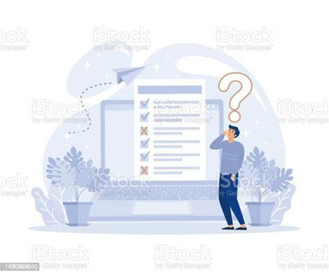 온라인 설문 조사 개념 남자는 생각하고 설문지 양식을 작성하고 정답과 오답을 표시하고 평면 벡터 현대 삽화를 그립니다 개념에 대한 스톡 벡터 아트 및 기타 이미지 Istock