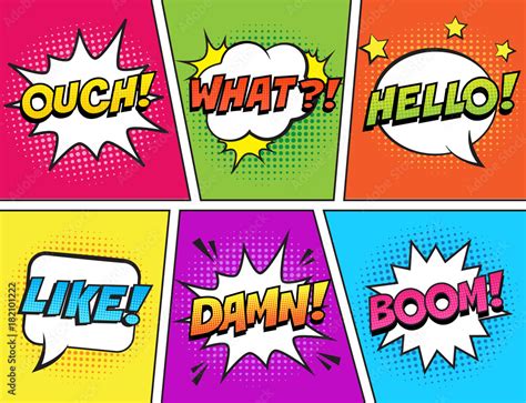 Retro comic speech bubbles set on colorful background. Expression text OUCH, WHAT, HELLO, LIKE ...