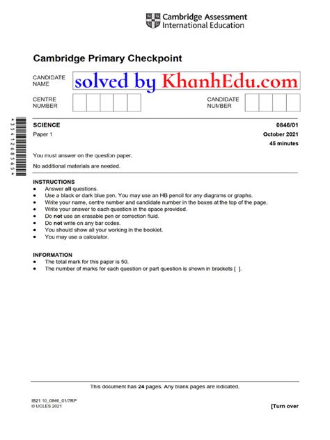 [solved] Primary Science 2021 October Paper 1 Khanhedu Pdf