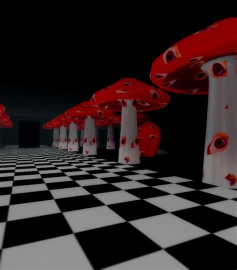 Dreamcoreweirdcore Art Red And White Mushroom Structures On