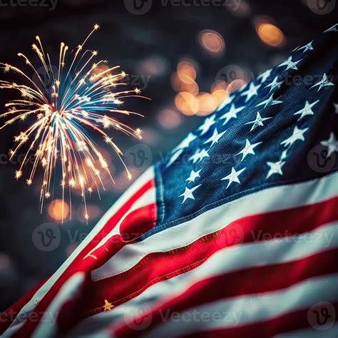 Happy 4th Of July With The United States Flag Fireworks Close Up Shot