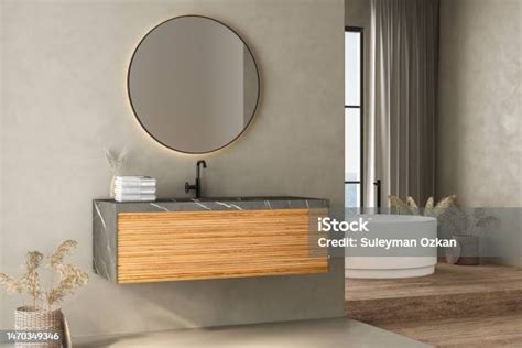 회색 벽과 석회화 바닥 흰색 타원형 욕조 대리석 세면대 전면 전망이 있는 현대적인 욕실 인테리어 현대적인 가구와 도시 전망을 갖춘 미니멀한 욕실 3d 렌더링 0명에 대한