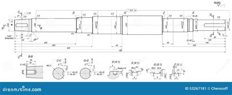 Expanded Shaft Sketch With Chamfers And Hatching Stock Vector