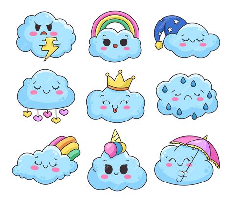 Premium Vector Funny Kawaii Clouds Cute Cartoon Sky And Weather