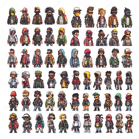 Cyberpunk Pixel Art Characters Vector Set Swag Gangster City Dwellers