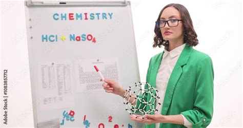 Woman Teacher Explains Molecule Structure On Plastic Model Babe Female Pedagogue Teaches